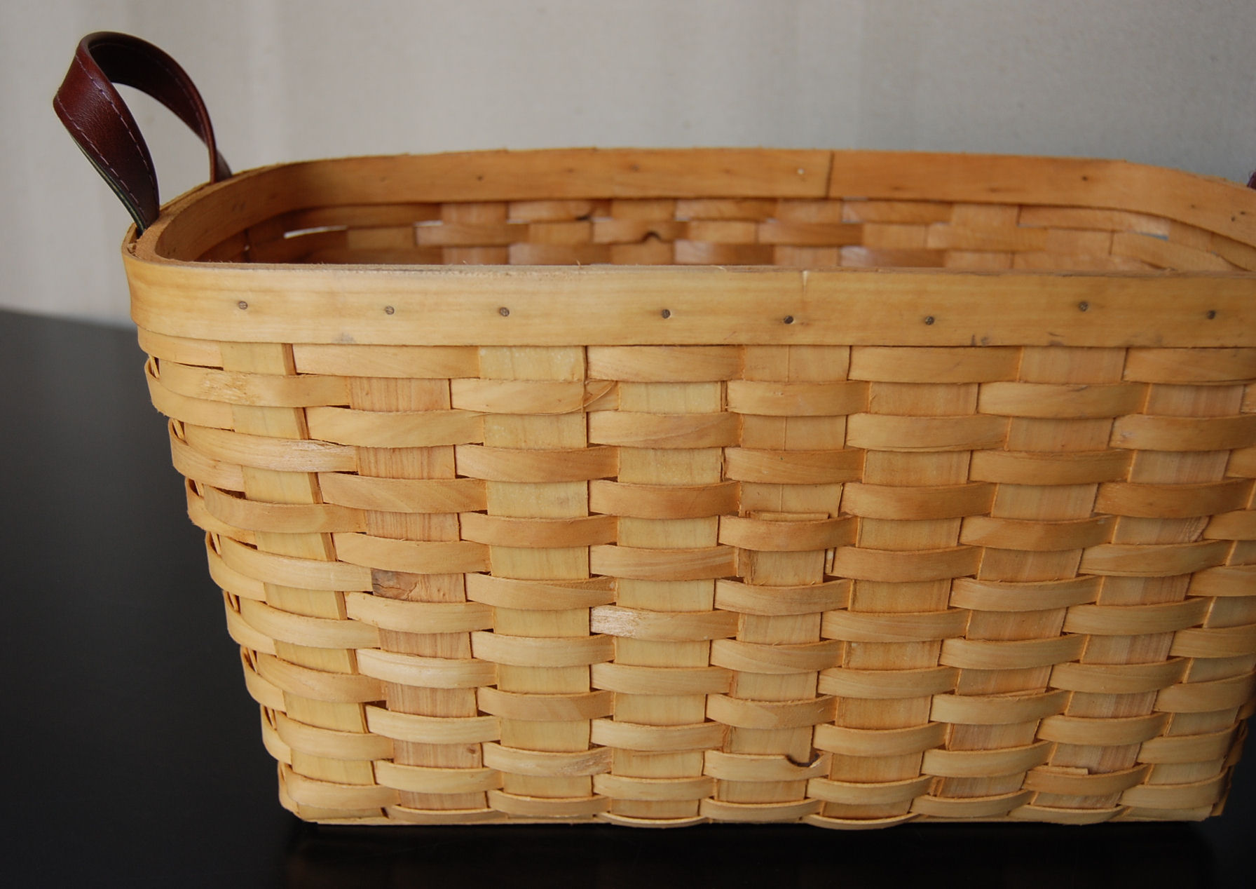 Rectangular Wood Chip Storage Basket with Double Faux Leather Strap ...